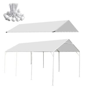 hfyzz 10 x 20 ft heavy duty carport replacement canopy cover waterproof & uv protected garage top shelter tarp tent cover with 44 ball bungees cords, only top cover, white