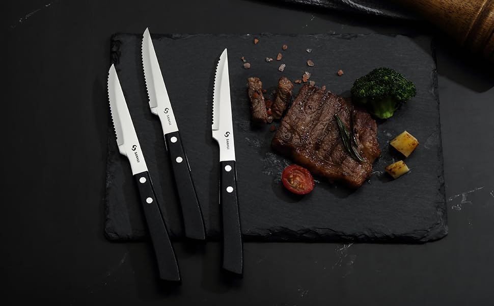 SANHUI Steak Knives, Steak Knife Set of 6, German Stainless Steel Steak Knife Serrated