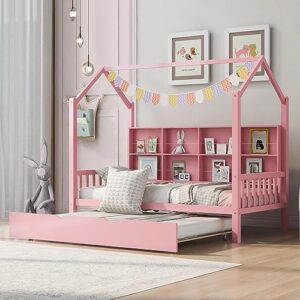 gowe wooden twin size house bed with trundle,kids bed with shelf,pink