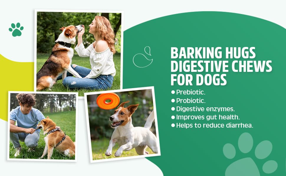 Barking Hugs Digestive Chews - Natural Probiotic & Prebiotic Enzyme Treats for Dogs - 6 Digestive Enzymes - Helps with Itching, Allergies, Gut Health, Digestion & Diarrhea