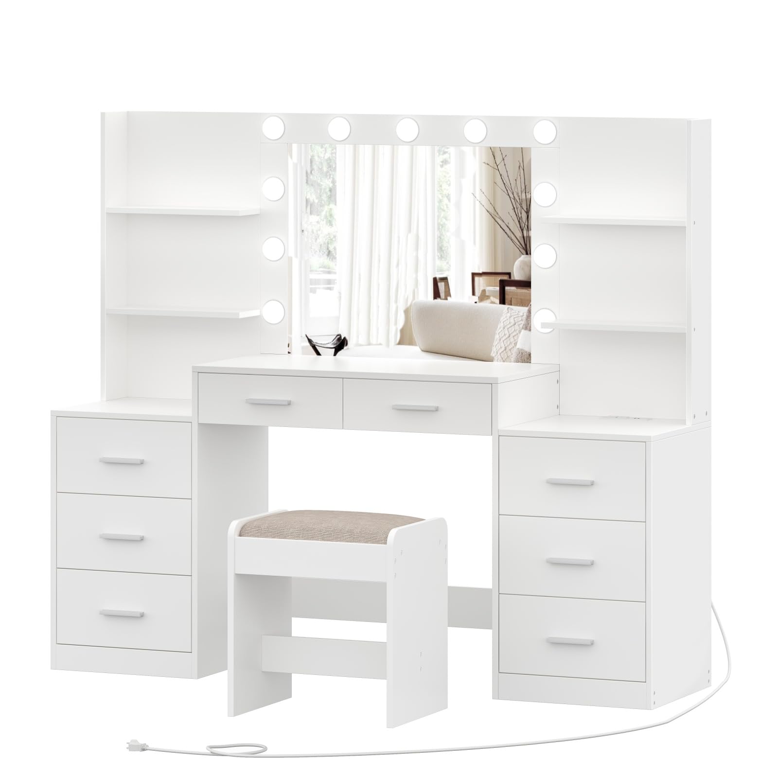 Irontar 61.9‘’L Large Vanity Desk Set with Mirror & Lights, Makeup Vanity with Stool and Charging Station, Makeup Desk with Drawers & Open Storage Shelves, Bedroom Vanity Table Set, White WDT006WD