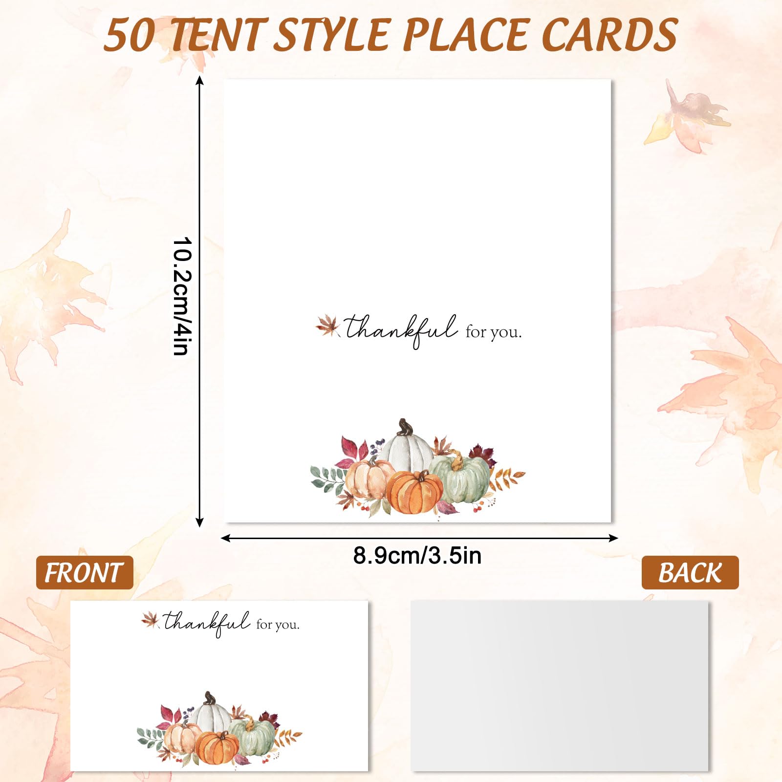 JarThenaAMCS 50Pcs Thanksgiving Table Tent Place Cards Thankful Pumpkin Guest Seating Cards Name Escort Card Folded Seat Assignment Setting Label for Wedding Baby Shower Birthday Party