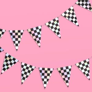 xo, Fetti Checkered Black and Iridescent Party Decorations Flag Banner - Set of 4, 32 Ft | Bachelorette Party Disco Garland, Monster Truck Birthday Party Supplies, Racecar Kids Decor