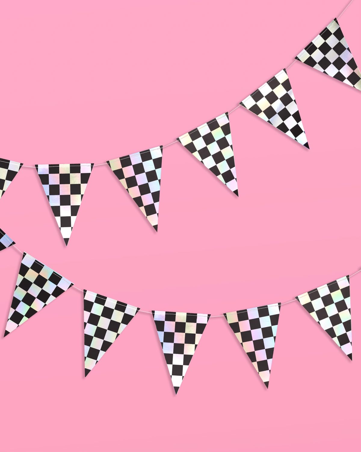 xo, Fetti Checkered Black and Iridescent Party Decorations Flag Banner - Set of 4, 32 Ft | Bachelorette Party Disco Garland, Monster Truck Birthday Party Supplies, Racecar Kids Decor