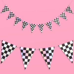 xo, Fetti Checkered Black and Iridescent Party Decorations Flag Banner - Set of 4, 32 Ft | Bachelorette Party Disco Garland, Monster Truck Birthday Party Supplies, Racecar Kids Decor