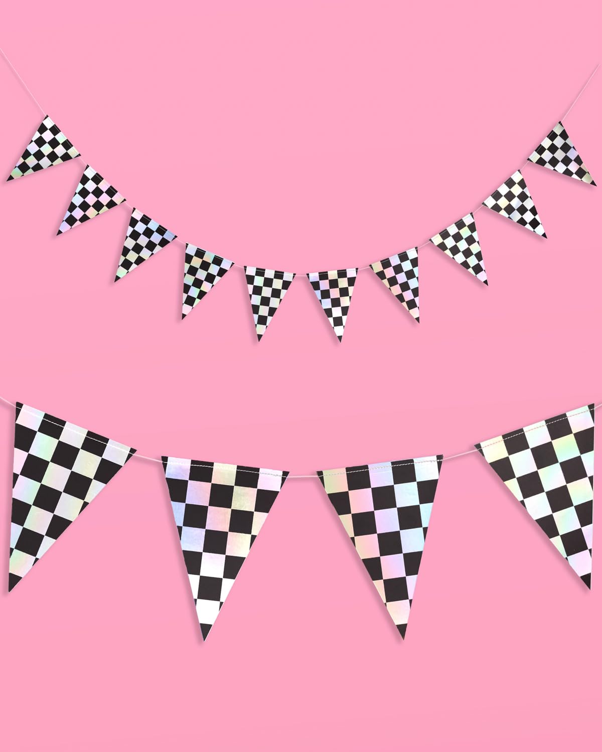 xo, Fetti Checkered Black and Iridescent Party Decorations Flag Banner - Set of 4, 32 Ft | Bachelorette Party Disco Garland, Monster Truck Birthday Party Supplies, Racecar Kids Decor