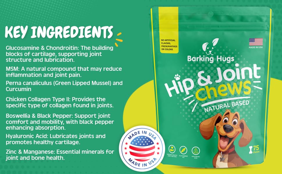 BARKING HUGS Hip and Joint Supplement for Dogs - 500 mg Glucosamine for Dogs per Soft chew - Nature-Based for Maximum Dog Joint Pain Relief - 11 Active Ingredients Support Dog Hip & Joint Care.