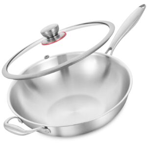 lolykitch tri-ply 13 inch stainless steel wok pan with lid, stir-frying pan,induction cooking pan,dishwasher and oven safe,heavy duty and detachable handle.