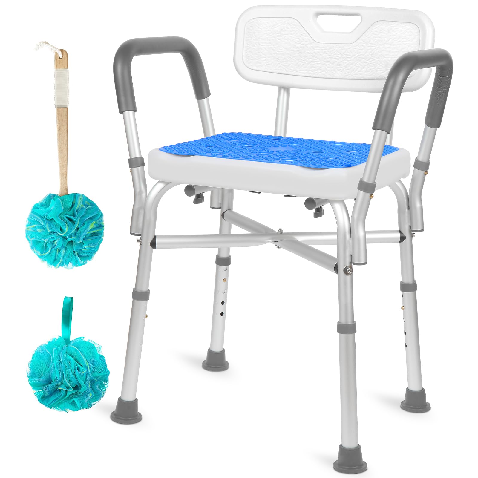 Tocebe Shower Chair for Inside Shower, 550LB Capacity Shower Seat with Reinforced Cross Bar, Adjustable Height Anti Slip Bath Chair with Backrest, Padded Armrests, Loofah Stick for Elderly & Disabled