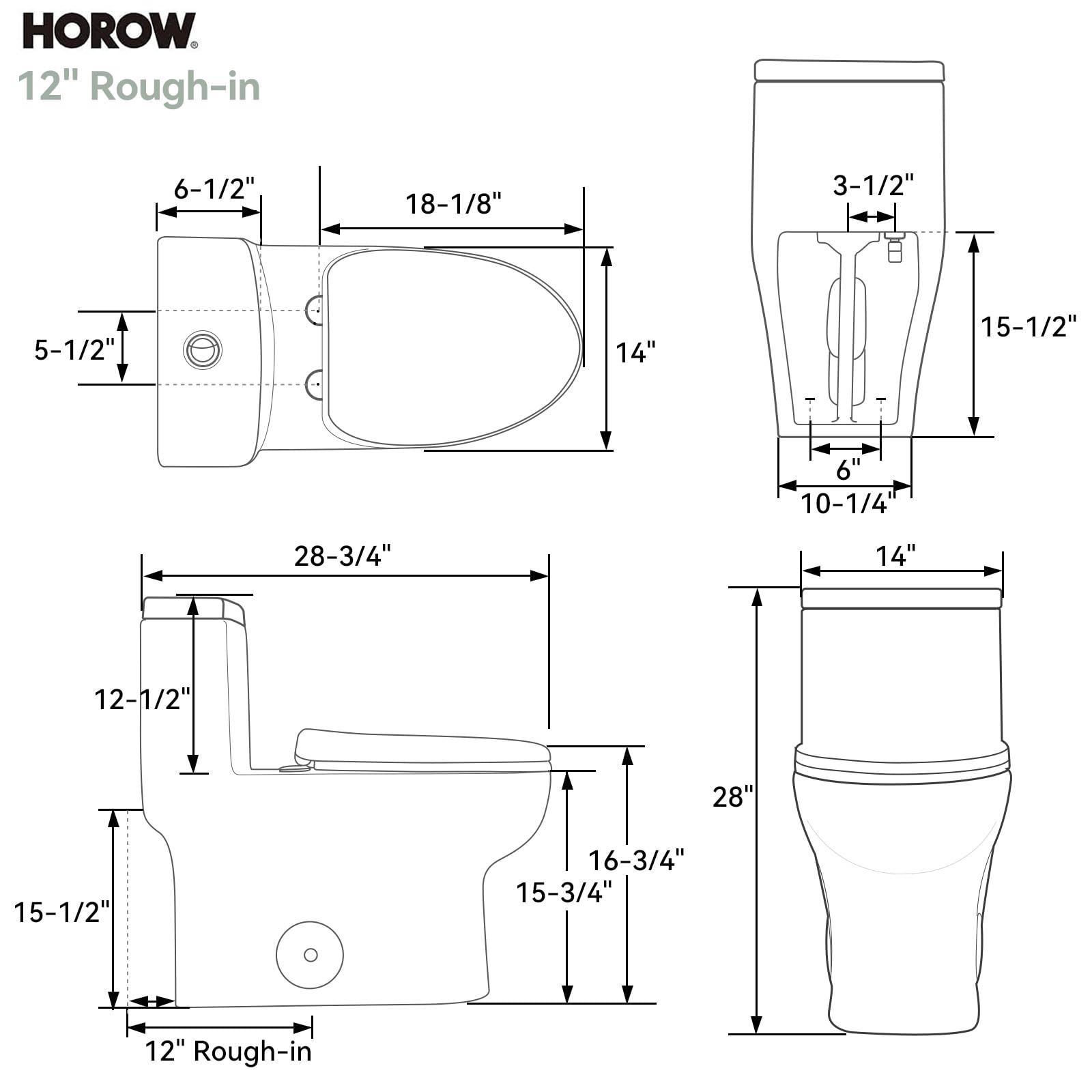 HOROW HR-ST076WD Dual Flush Elongated Toilet with Soft Close Seat, High-Efficiency Supply, Standard Bathroom Toilet 12" Rough-In, White Finish