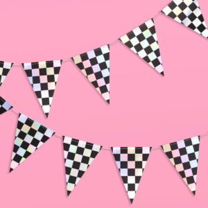 xo, fetti checkered black and iridescent party decorations flag banner - set of 4, 32 ft | bachelorette party disco garland, monster truck birthday party supplies, racecar kids decor