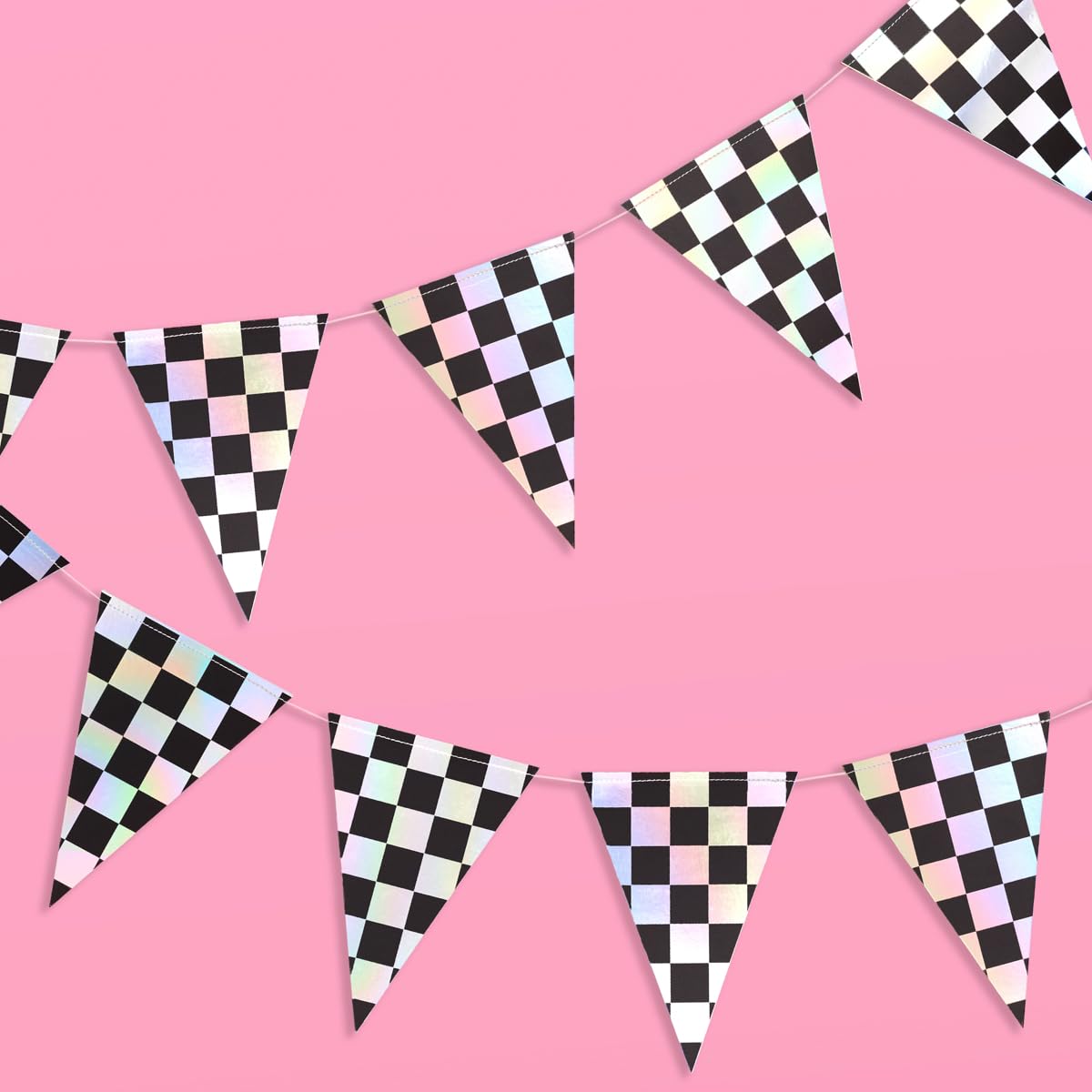 xo, Fetti Checkered Black and Iridescent Party Decorations Flag Banner - Set of 4, 32 Ft | Bachelorette Party Disco Garland, Monster Truck Birthday Party Supplies, Racecar Kids Decor