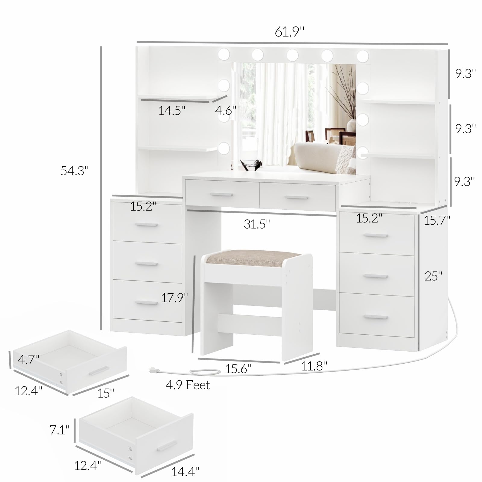 Irontar 61.9‘’L Large Vanity Desk Set with Mirror & Lights, Makeup Vanity with Stool and Charging Station, Makeup Desk with Drawers & Open Storage Shelves, Bedroom Vanity Table Set, White WDT006WD