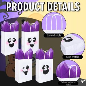 Whaline 24Pcs Halloween Ghost Paper Gift Bags with Handles and Purple Tissue Paper Trick or Treat Party Favor Bags Candy Goodie Treat Bags for Halloween Birthday Party Supplies