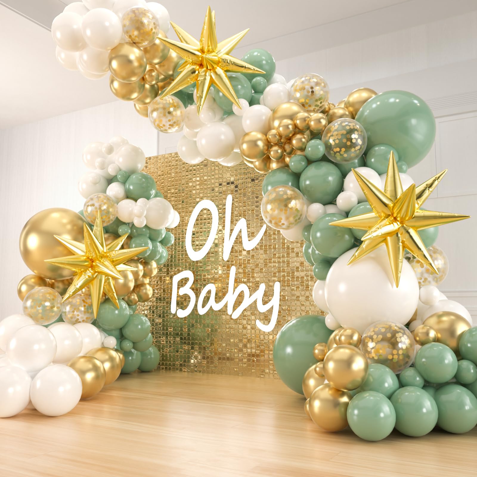 146PCS Sage Green White Gold Confetti Balloons Garland Arch Kit, 18 12 10 5 Inch Balloons with 3pcs Star Balloons for Baby Shower, Bridal Shower, Birthday Party Decorations