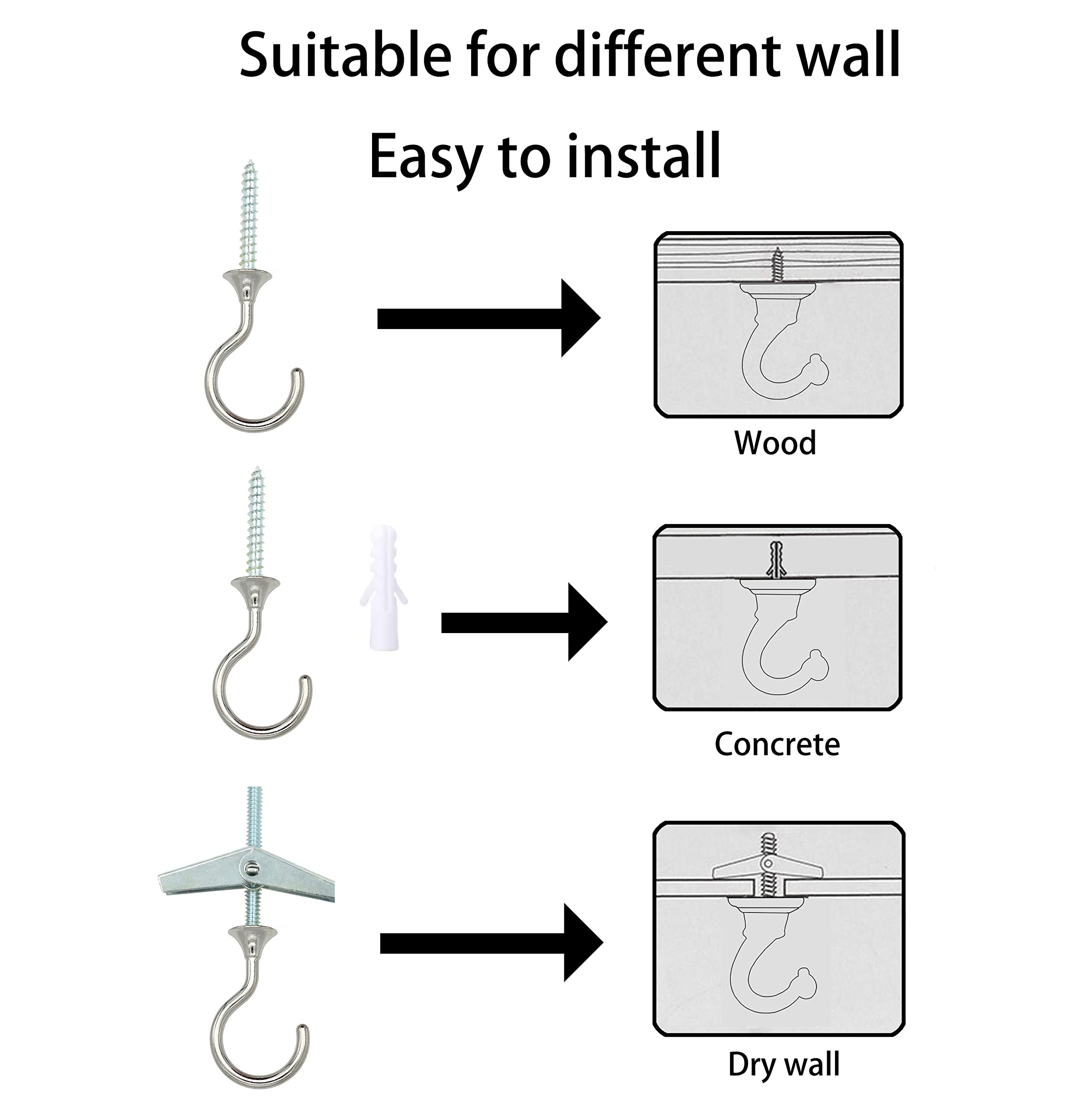 Evsteluo Large Swag Ceiling Hooks Heavy Duty Swag Hook with Hardware for Hanging Plants Ceiling Installation Cavity Wall Fixing (4, Silver)