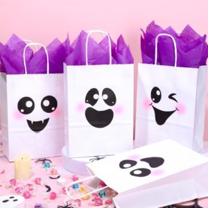 Whaline 24Pcs Halloween Ghost Paper Gift Bags with Handles and Purple Tissue Paper Trick or Treat Party Favor Bags Candy Goodie Treat Bags for Halloween Birthday Party Supplies