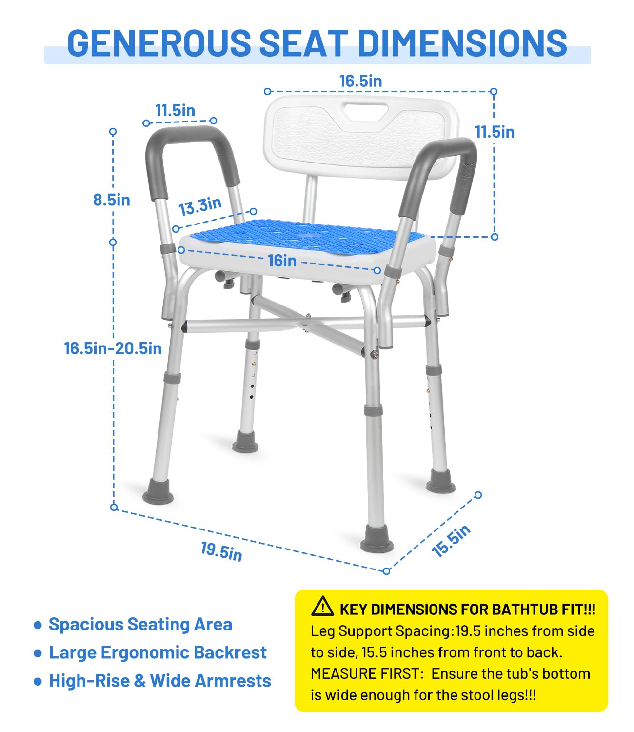 Tocebe Shower Chair for Inside Shower, 550LB Capacity Shower Seat with Reinforced Cross Bar, Adjustable Height Anti Slip Bath Chair with Backrest, Padded Armrests, Loofah Stick for Elderly & Disabled