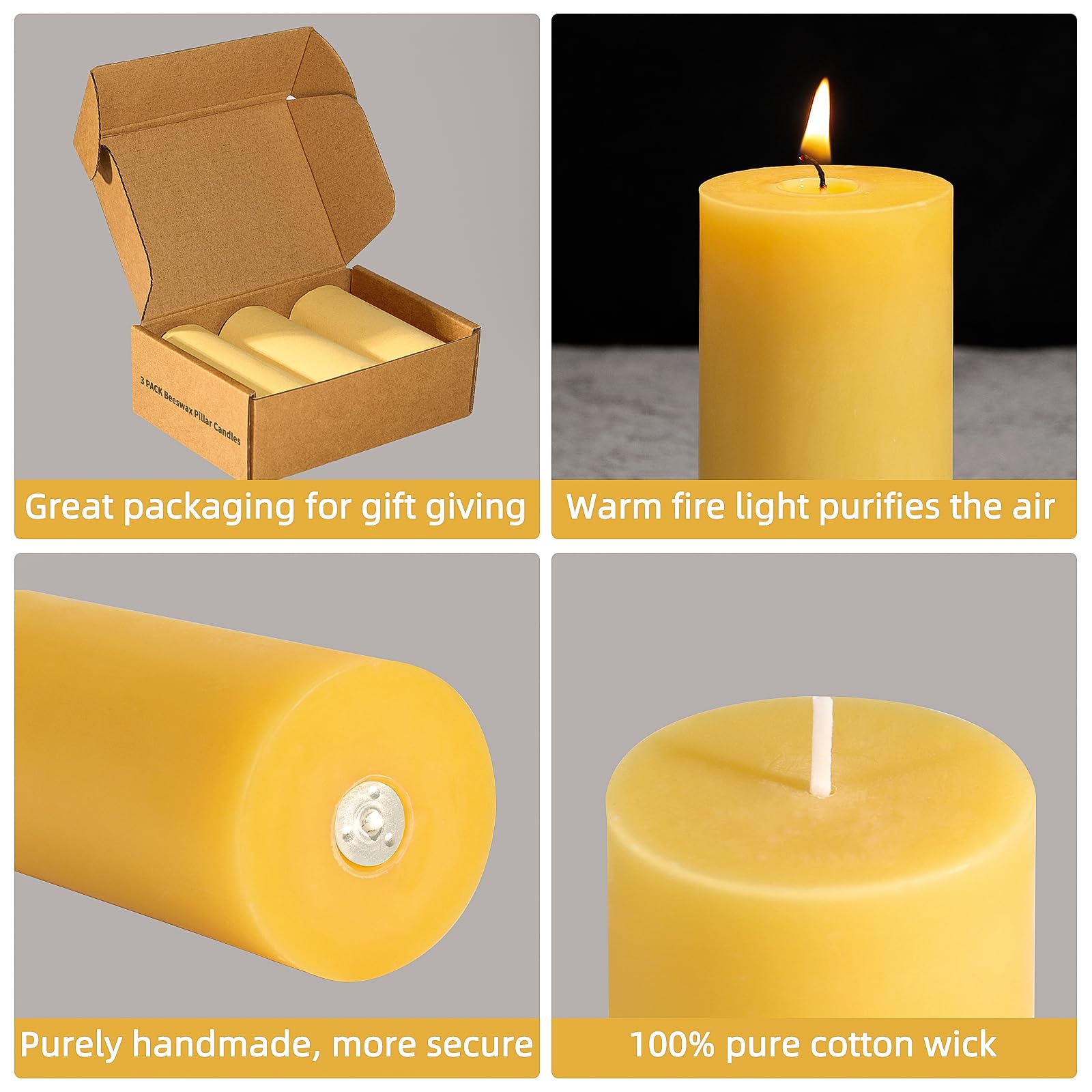 3 Packs Natural Beeswax Pillar Candles, 100% Pure Beeswax Candles with 35 Hours Burn Time, Smokeless & Dripless Bees Wax Candles for Home Decor, Prayer, Christmas Party(2x4 inch)