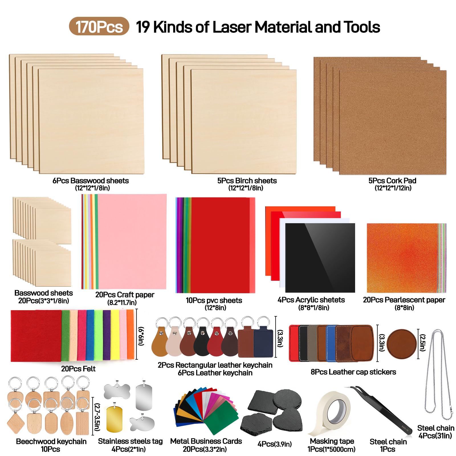 Adrattnay Laser Material Explore Kit, 170PCS Laser Engraving Material for Laser Crafting,17 Kinds Laser Engraver Blanks Includes Basswood, Birch, Acrylic, Leather, Metal for Laser Engraver