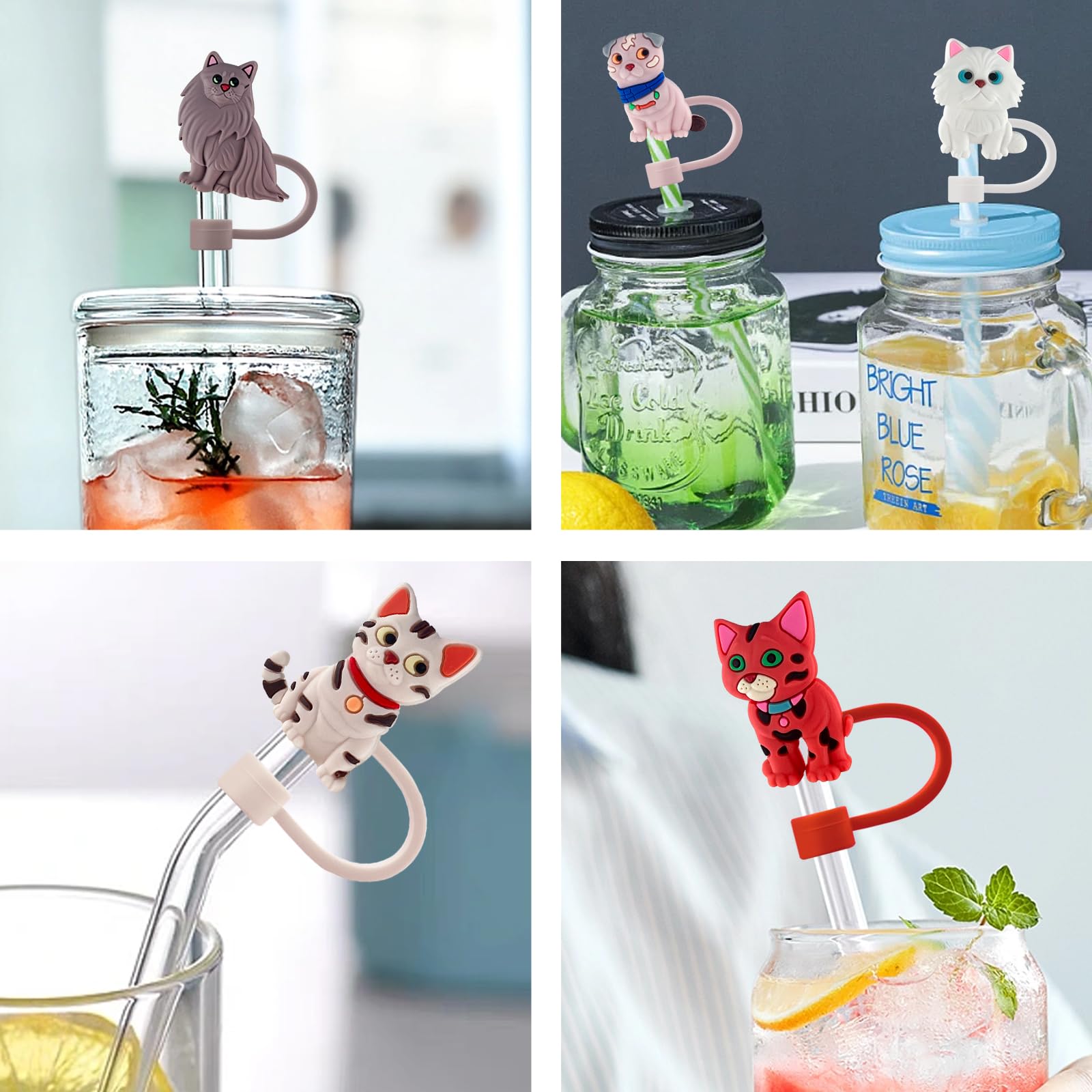 Velaco 10Pcs 0.4in/10mm Diameter Silicone Straw Covers Cap Compatible with Stanley 20 30&40 Oz Cup, Cute Cat Straw Toppers for Stanley 40 Oz Tumbler with Handle, Dust-Proof Straw Caps for Water Bottle