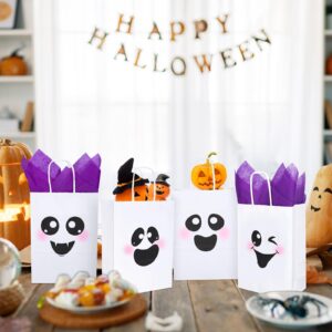 Whaline 24Pcs Halloween Ghost Paper Gift Bags with Handles and Purple Tissue Paper Trick or Treat Party Favor Bags Candy Goodie Treat Bags for Halloween Birthday Party Supplies