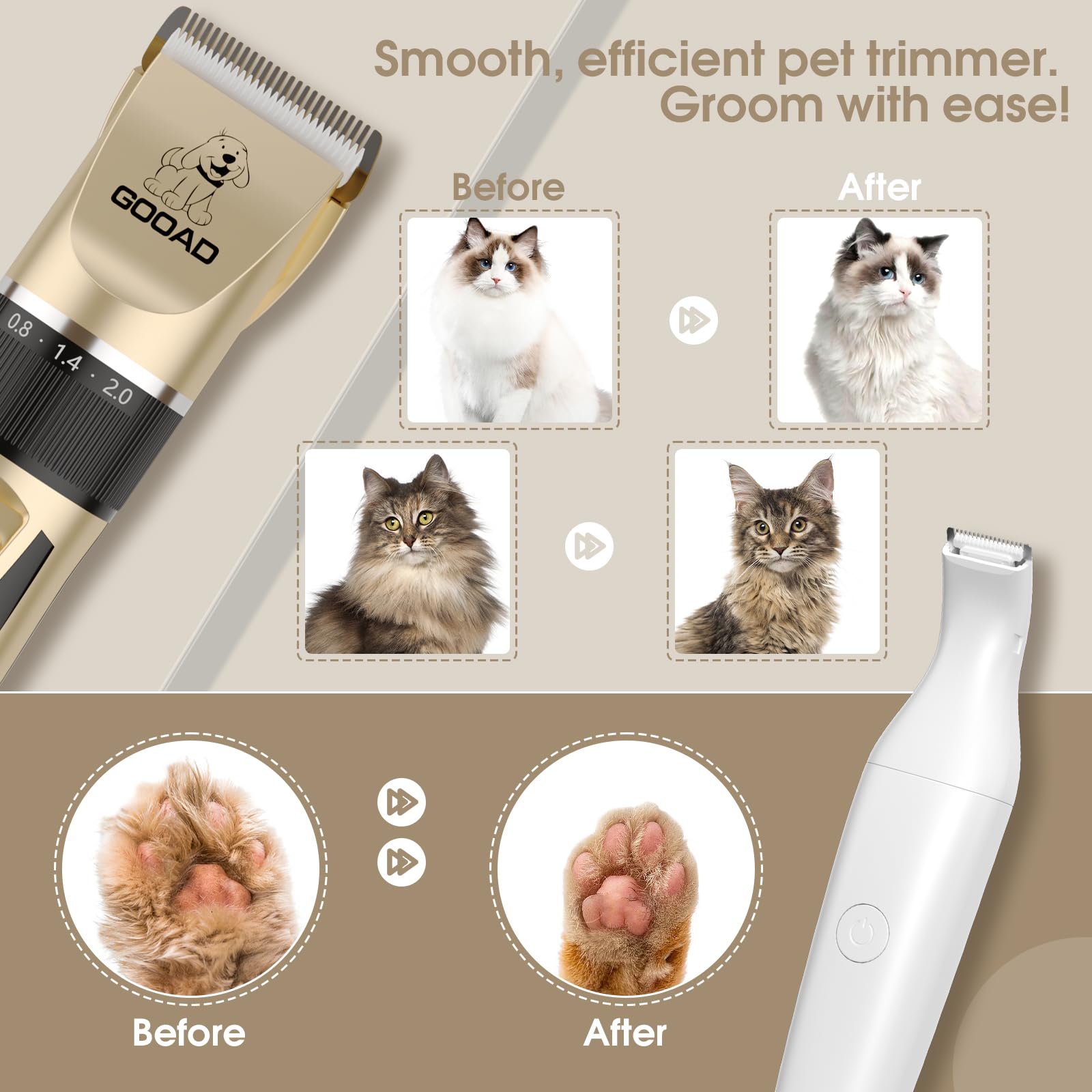 Gooad Cat Clippers for Matted Hair, Cordless Cat Hair Trimmer for Grooming, Quiet Cat Shaver for Long Hair, Cat Paw Trimmer Nail Grinder,Pet Shaver Cat Grooming Kit for Cats Small Dogs Animals