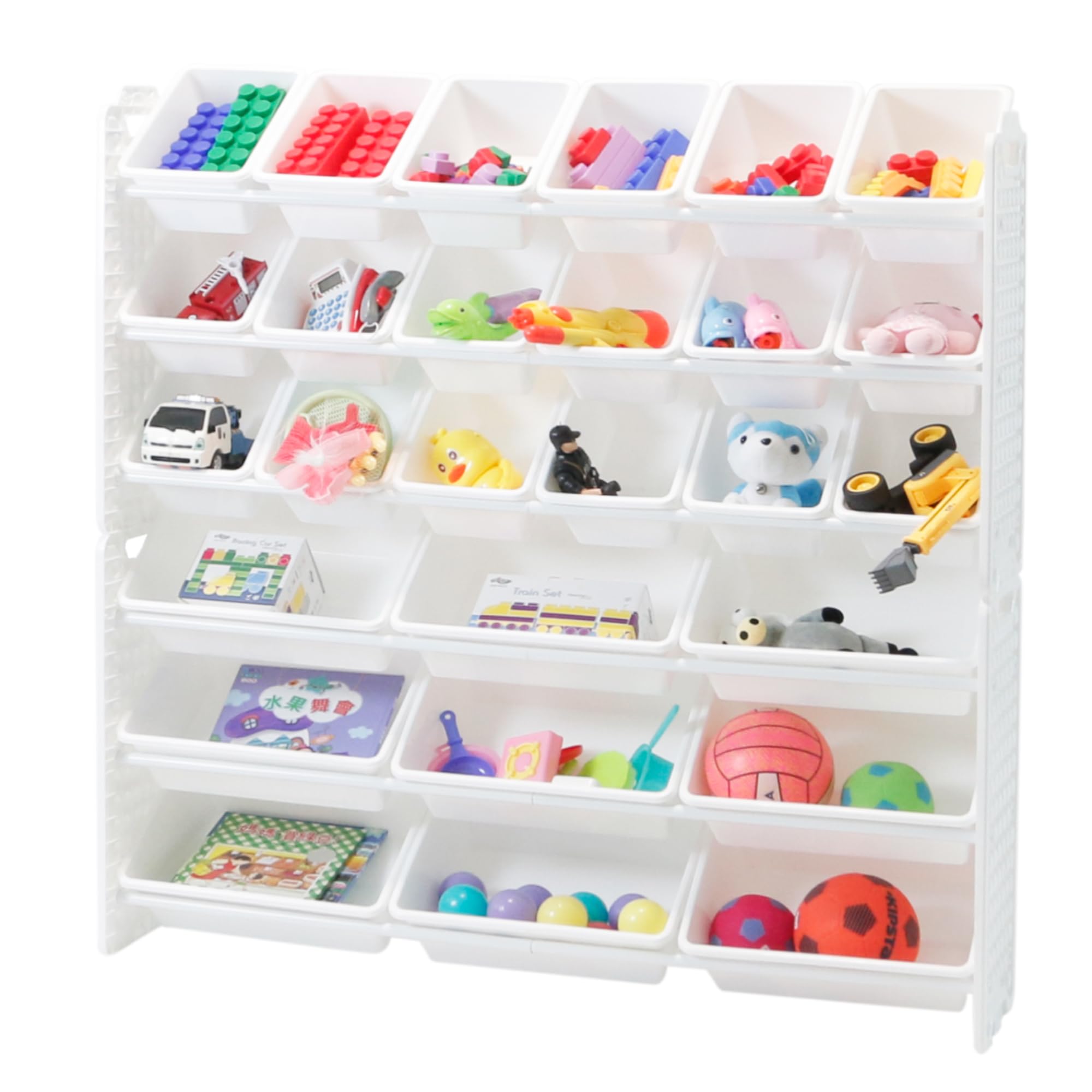 UNiPLAY 6 Tier Toy Storage Organizer with 27 Removable Bins, Re-Configurable Base, Multi-Functional for Books, Building Blocks, School Materials, Toys, or Garage Storage with Baseplate Board Frame