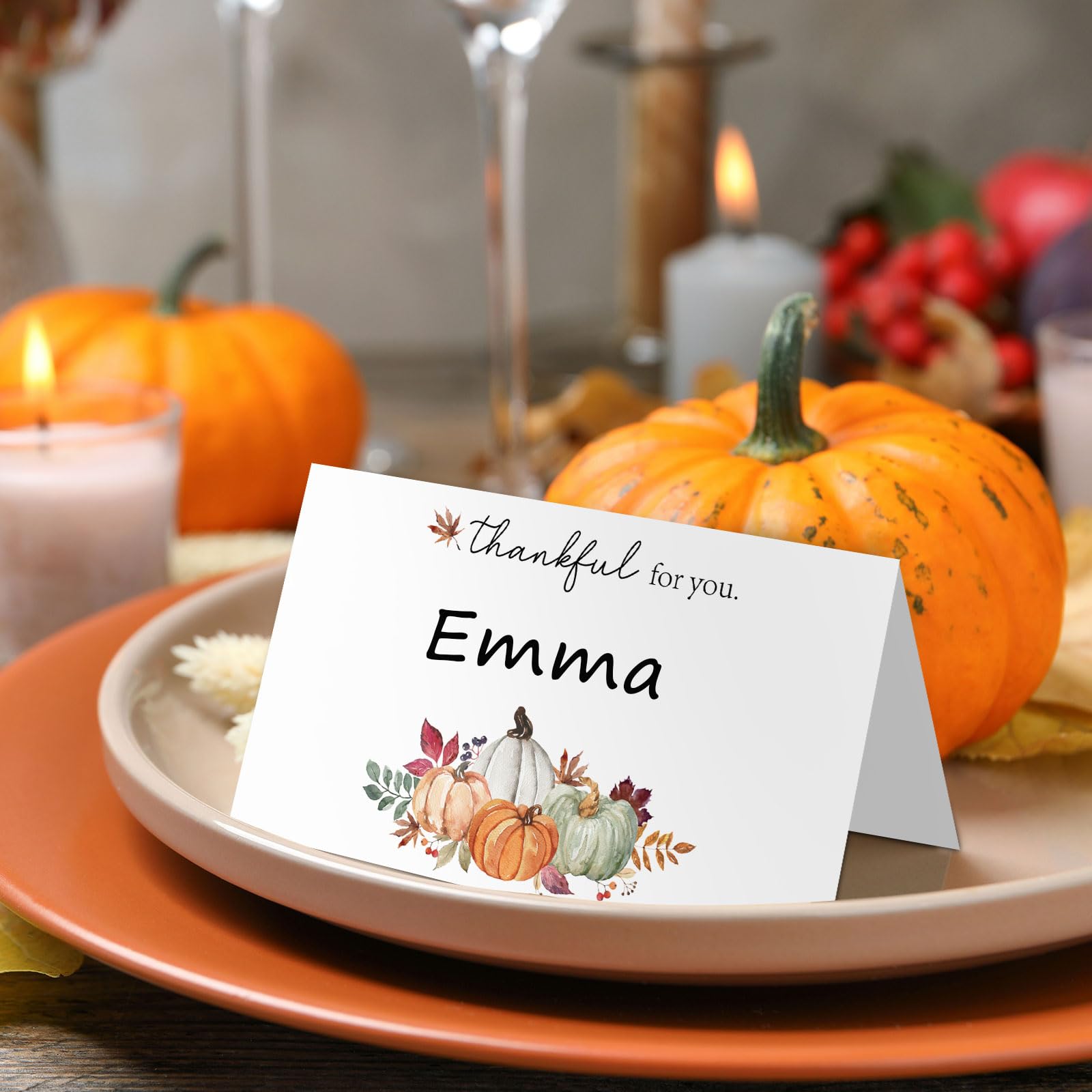 JarThenaAMCS 50Pcs Thanksgiving Table Tent Place Cards Thankful Pumpkin Guest Seating Cards Name Escort Card Folded Seat Assignment Setting Label for Wedding Baby Shower Birthday Party