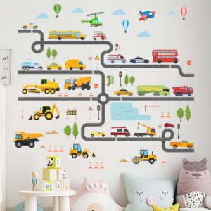 amimagen large construction vehicles car wall stickers - trucks excavator tractor wall decals - kids boys bedroom playroom daycare wall decor