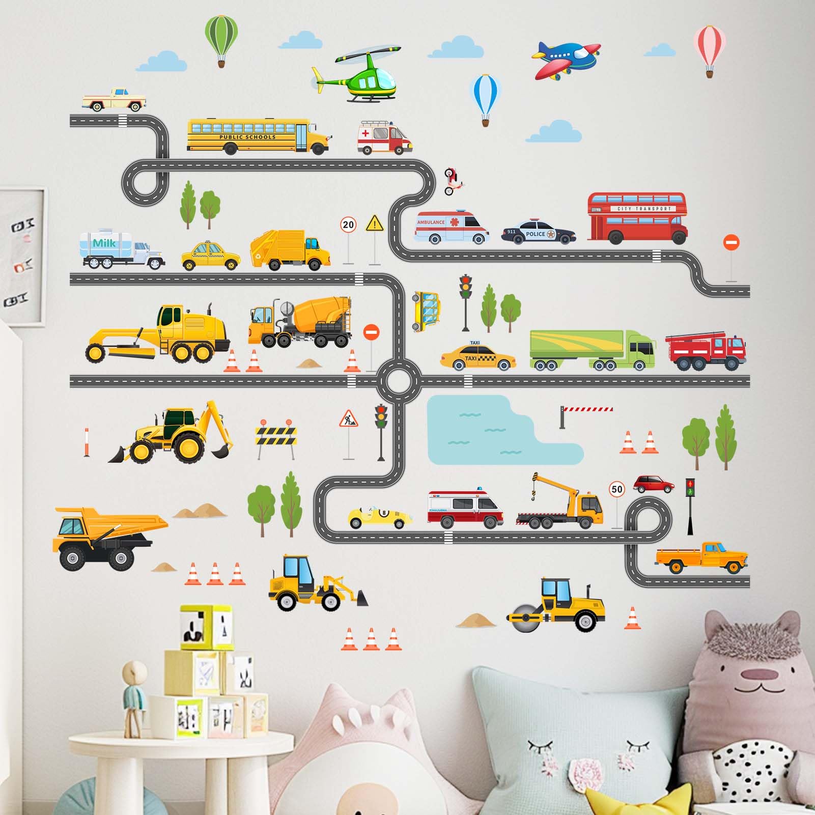 Amimagen Large Construction Vehicles Car Wall Stickers - Trucks Excavator Tractor Wall Decals - Kids Boys Bedroom Playroom Daycare Wall Decor