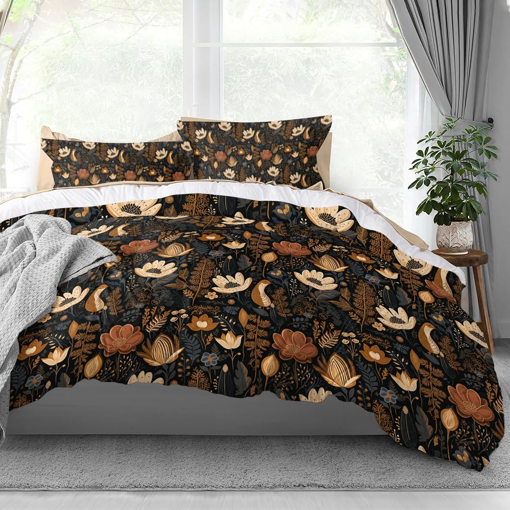 VistaPalette Black Orange Yellow Boho Floral Bed Duvet Cover Set 2 Pcs Pillowcase, 1 Pcs Duvet Cover Linen with Zipper Aesthetic Bedding Ultra Soft Comforter Cover Bedding Sets (No Comforter)