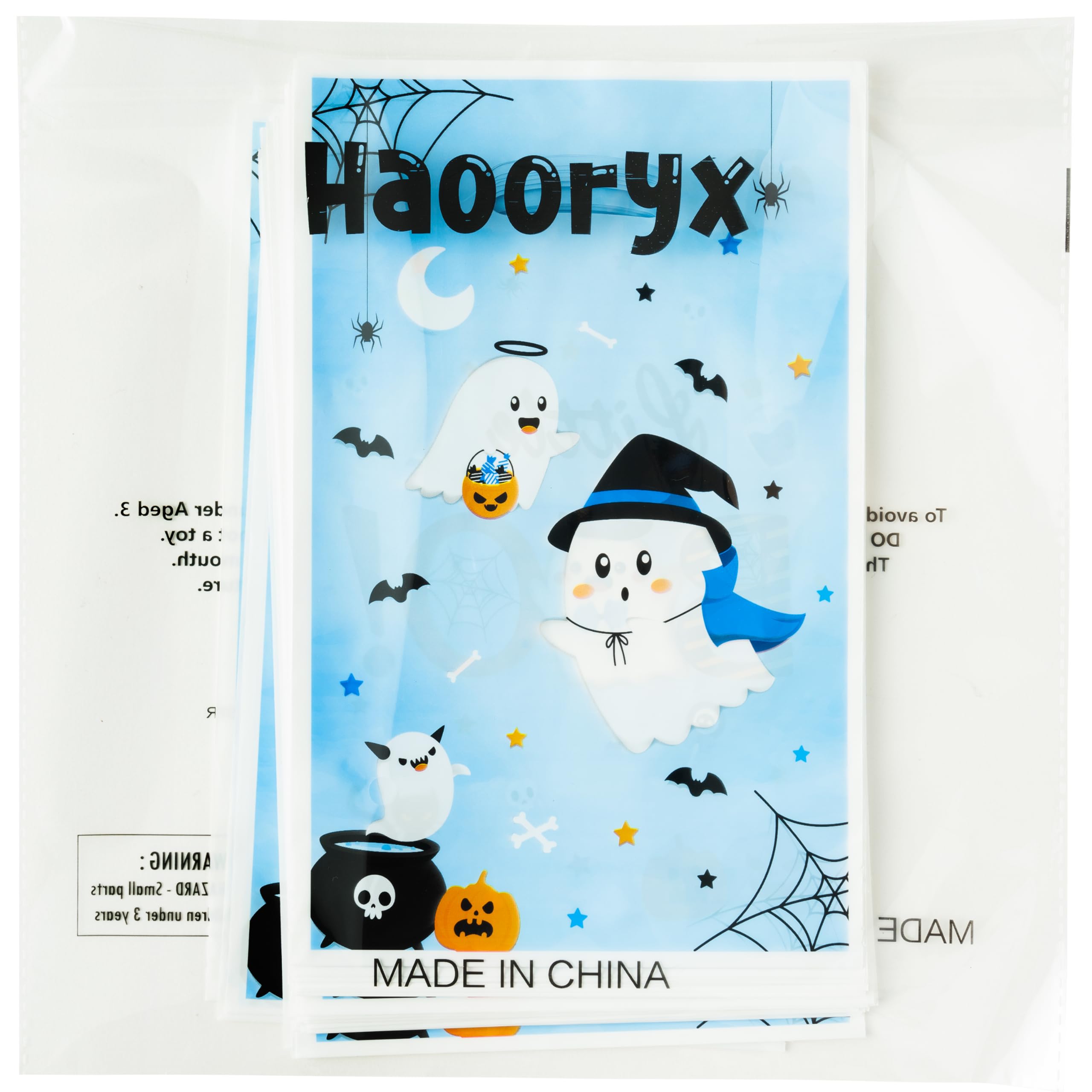 Haooryx Bule Little Boo Favor Bags, 50Pcs Halloween Little Ghost Plastic Gift Bag Birthday Party Gift Warp Goodie Candy Treat Bags for Halloween Party Kids Boys Birthday Baby Shower Party Favor Supply