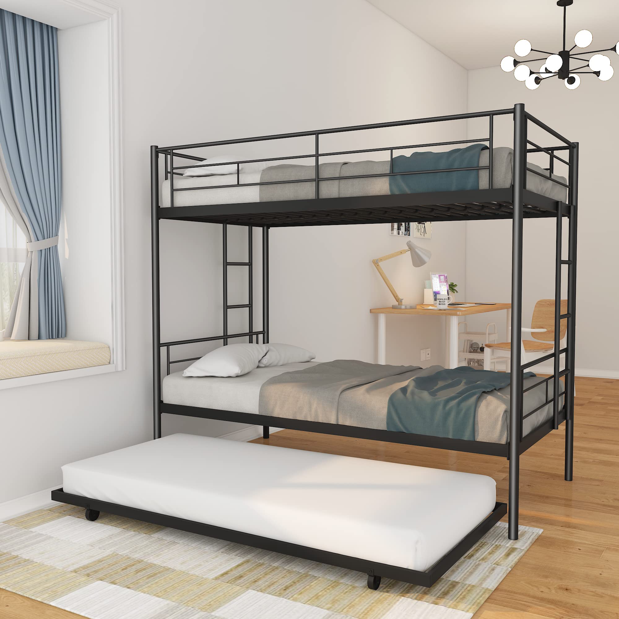 GOWE Twin Over Twin Metal Bunk Bed Frame with Trundle£¨Upgrade Reinforcement Version£©