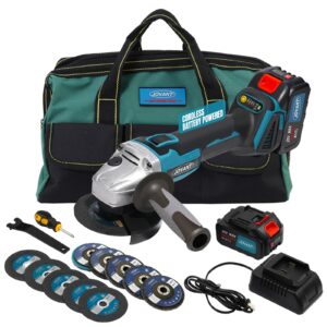 20v cordless angle grinder, 4" and 4-1/2" electric angle grinder kit with 2x4.0ah batteries and charger, handle, 8500rpm power grinder brushless motor for cutting/sharpening/removing rust -jovant