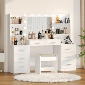 Irontar 61.9‘’L Large Vanity Desk Set with Mirror & Lights, Makeup Vanity with Stool and Charging Station, Makeup Desk with Drawers & Open Storage Shelves, Bedroom Vanity Table Set, White WDT006WD