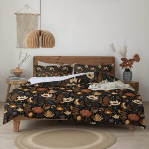 VistaPalette Black Orange Yellow Boho Floral Bed Duvet Cover Set 2 Pcs Pillowcase, 1 Pcs Duvet Cover Linen with Zipper Aesthetic Bedding Ultra Soft Comforter Cover Bedding Sets (No Comforter)