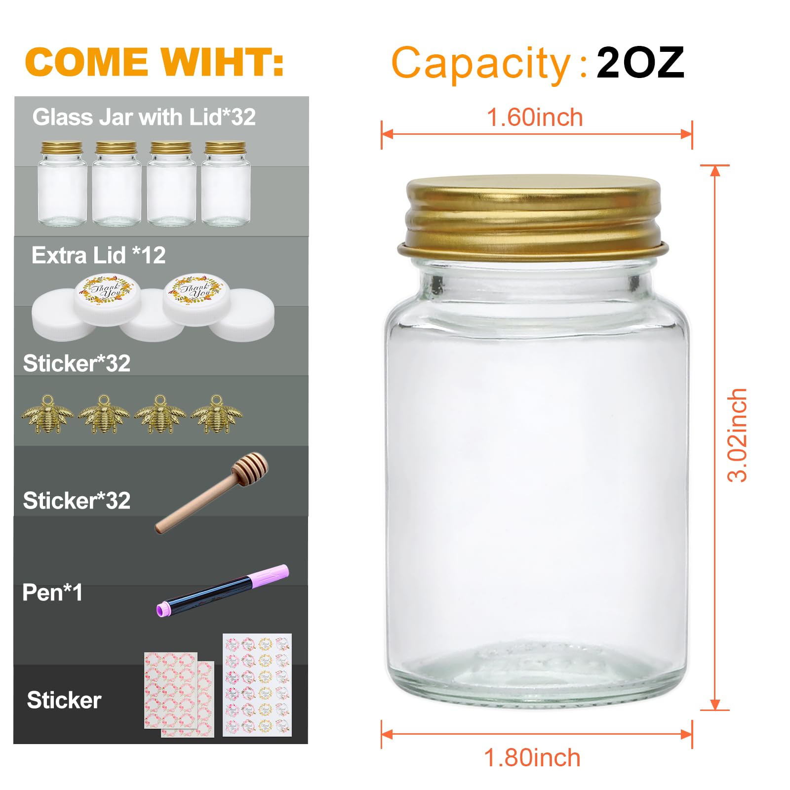 COMUDOT 2 oz Glass Shot Mini Bottles,32 Pack Mini Glass Honey jars with Golden and White Lids,Metal Bees Decoration, Suitable for Herb, Liquid, Ginger,Sauce