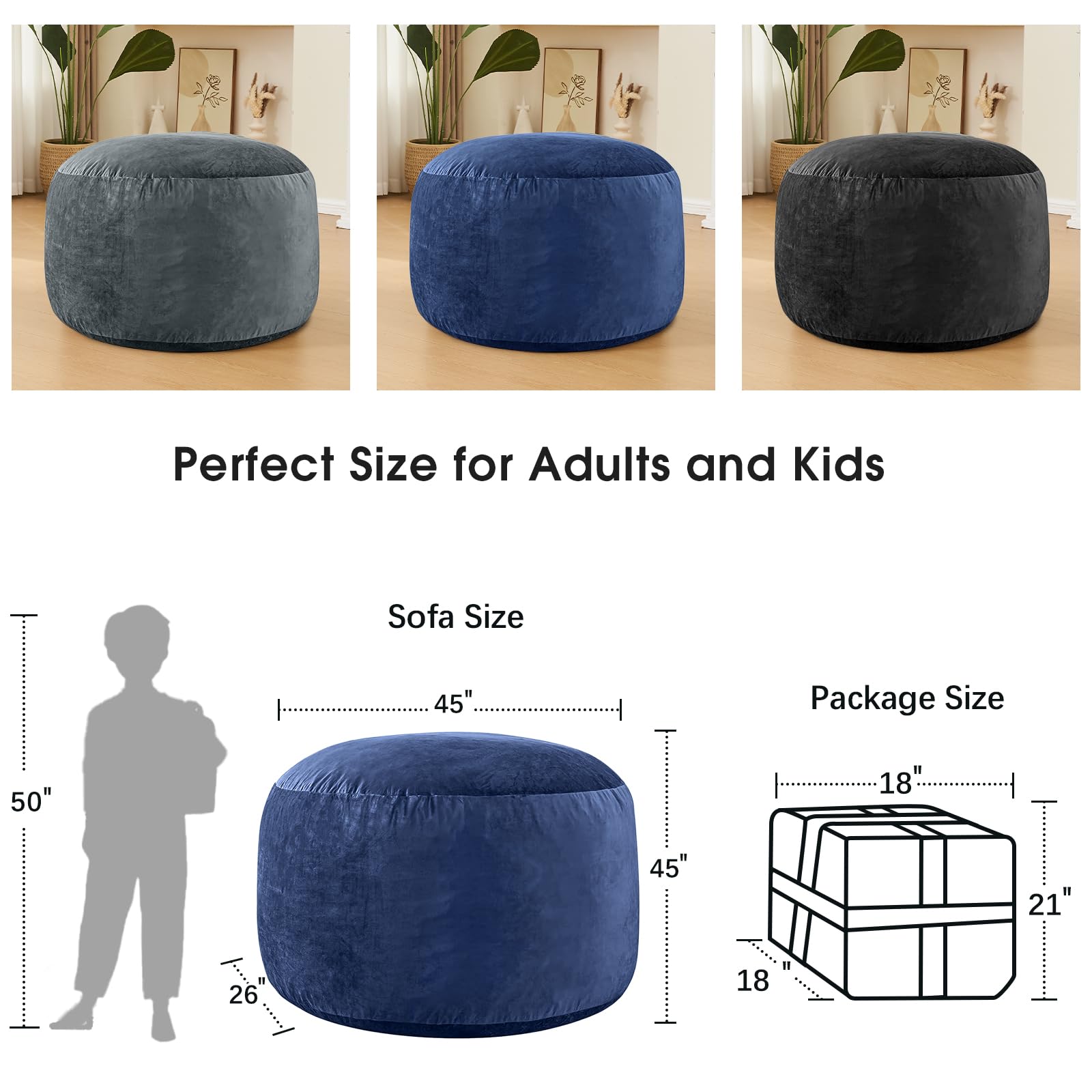 ILPEOD Bean Bag Chairs for Adults - Memory Foam Furniture BeanBag Chair - Kids/Teens Sofa with Soft Micro Fiber Cover - Round Fluffy Couch for Living Room Bedroom College Dorm - 4 ft, Navy