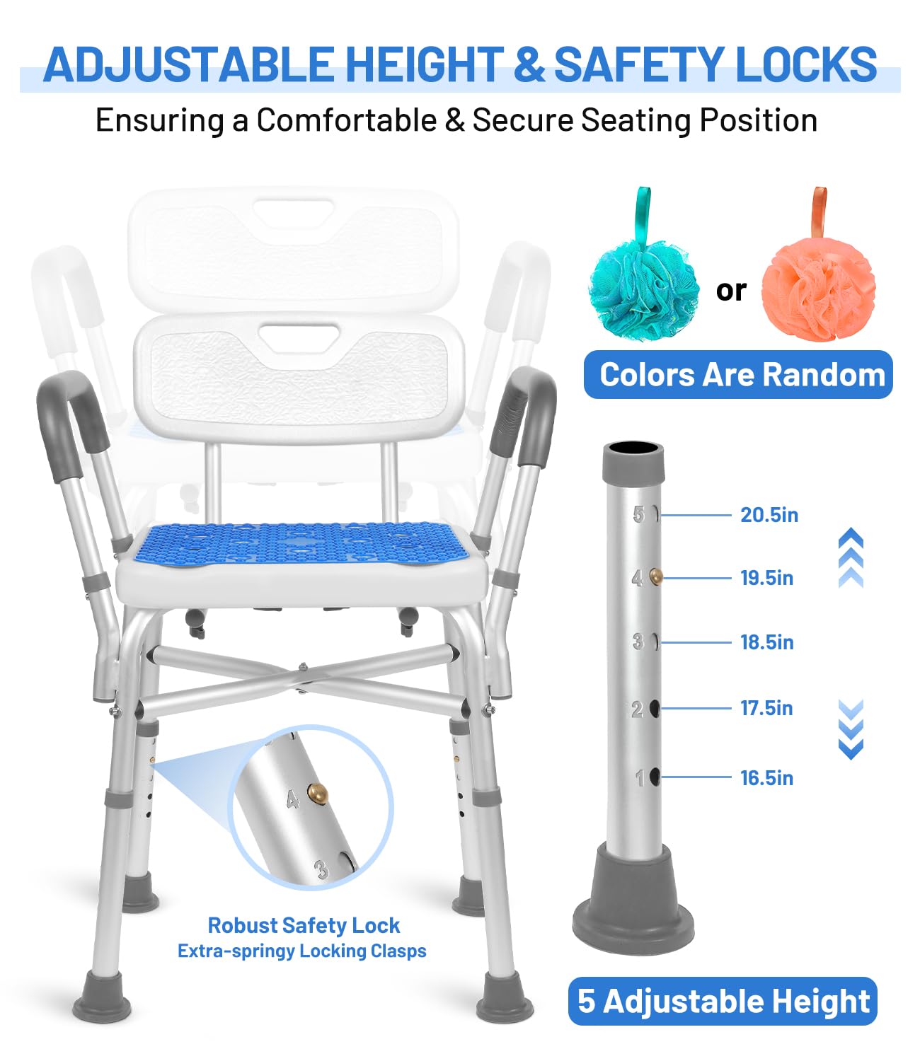 Tocebe Shower Chair for Inside Shower, 550LB Capacity Shower Seat with Reinforced Cross Bar, Adjustable Height Anti Slip Bath Chair with Backrest, Padded Armrests, Loofah Stick for Elderly & Disabled