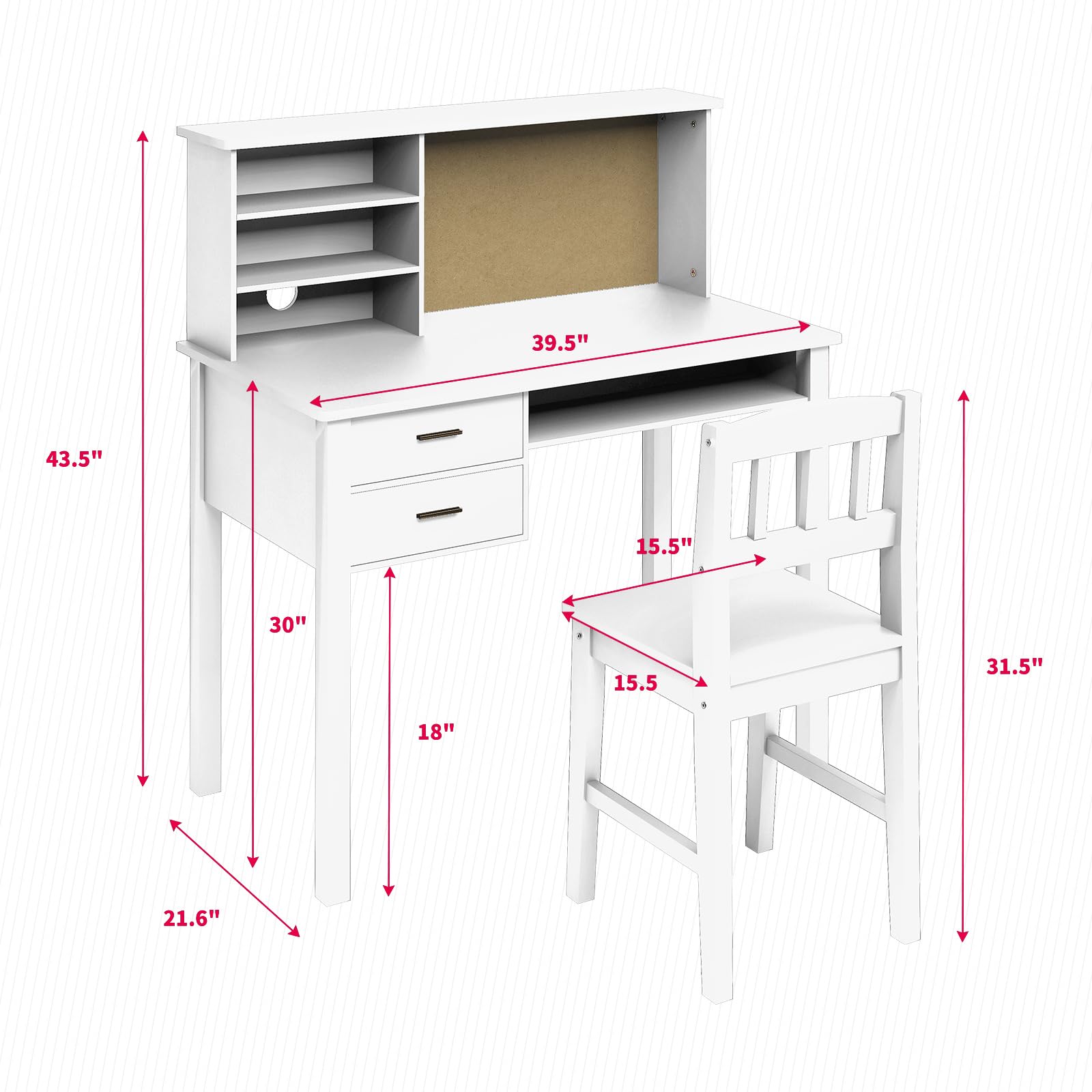 MUZZ Kids Study Desk and Chair Set,Modern Wooden Study Desk w/Hutch & Cork Bulletin Board, Kids Activity Desk with Storage Shelves & 2 Closed Drawers and Chair for Bedroom, Study(White)