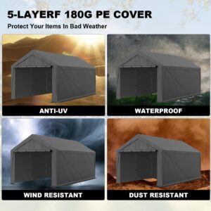 Carport, 10x20ft Heavy Duty Portable Garage, Car Port with Storage Shed, Car Canopy with Removable All-Season Tarp Sidewalls & Doors for Car, Truck, Boat, Party, Grey