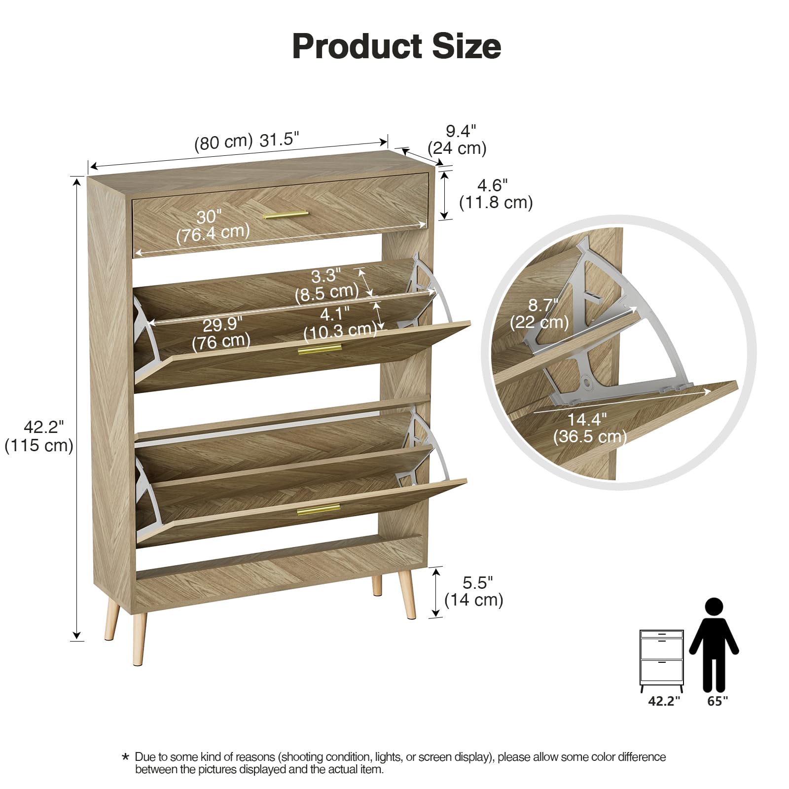 Anmytek Shoe Storage Cabinet with 2 Flip Drawers & 1 Drawer, Natural Oak Slim Shoe Cabinet with Wooden Legs, Freestanding Hidden Narrow Shoes Organizer Cabinet for Entryway, Hallway