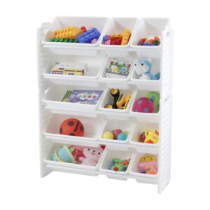 uniplay 5 tier toy storage organizer with 15 removable bins, re-configurable base, multi-functional for books, building blocks, school materials, toys, or garage storage with baseplate board frame