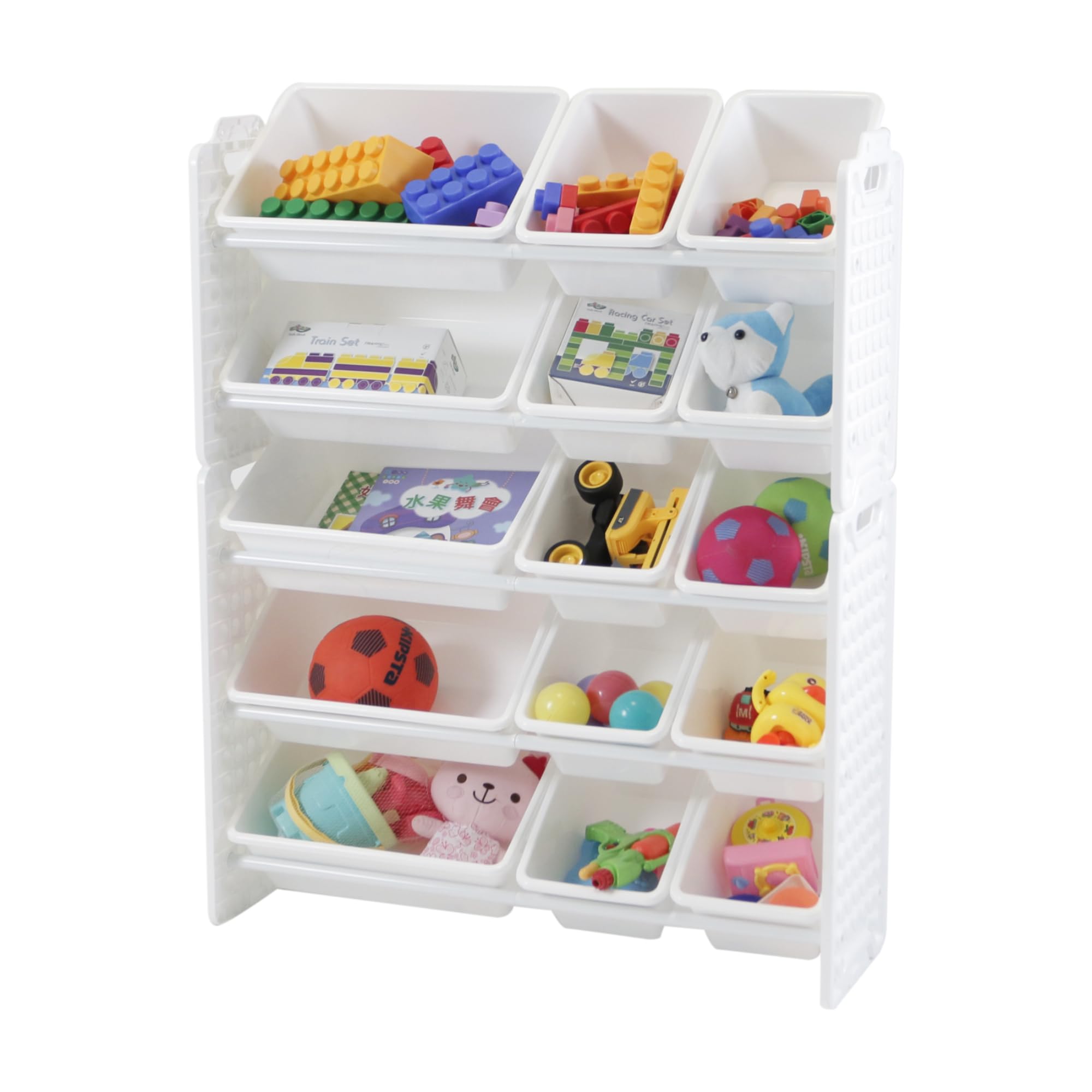 UNiPLAY 5 Tier Toy Storage Organizer with 15 Removable Bins, Re-Configurable Base, Multi-Functional for Books, Building Blocks, School Materials, Toys, or Garage Storage with Baseplate Board Frame