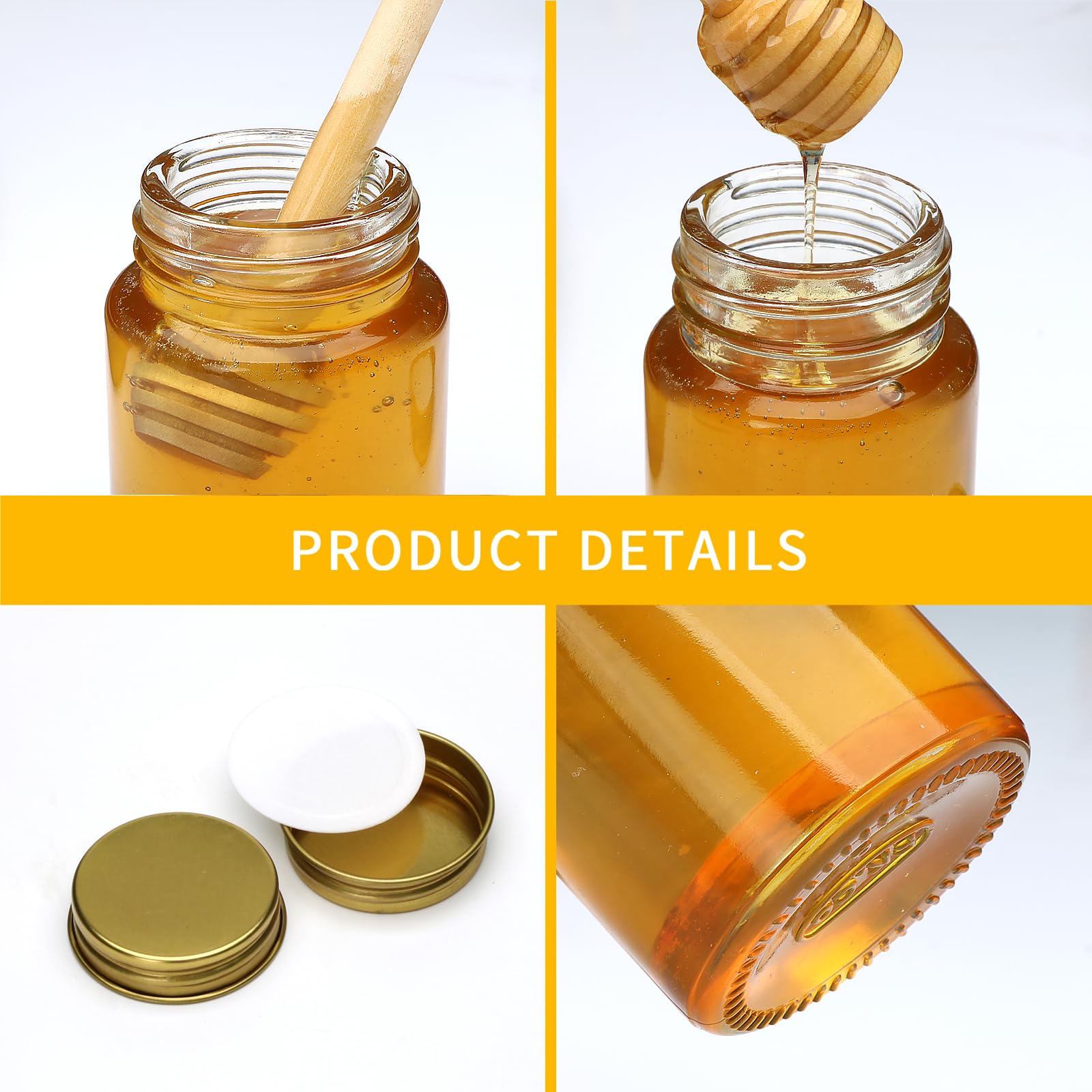 COMUDOT 2 oz Glass Shot Mini Bottles,32 Pack Mini Glass Honey jars with Golden and White Lids,Metal Bees Decoration, Suitable for Herb, Liquid, Ginger,Sauce