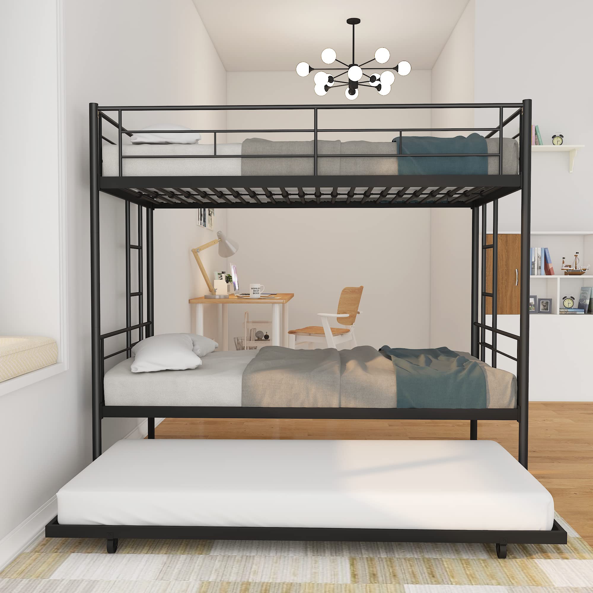 GOWE Twin Over Twin Metal Bunk Bed Frame with Trundle£¨Upgrade Reinforcement Version£©