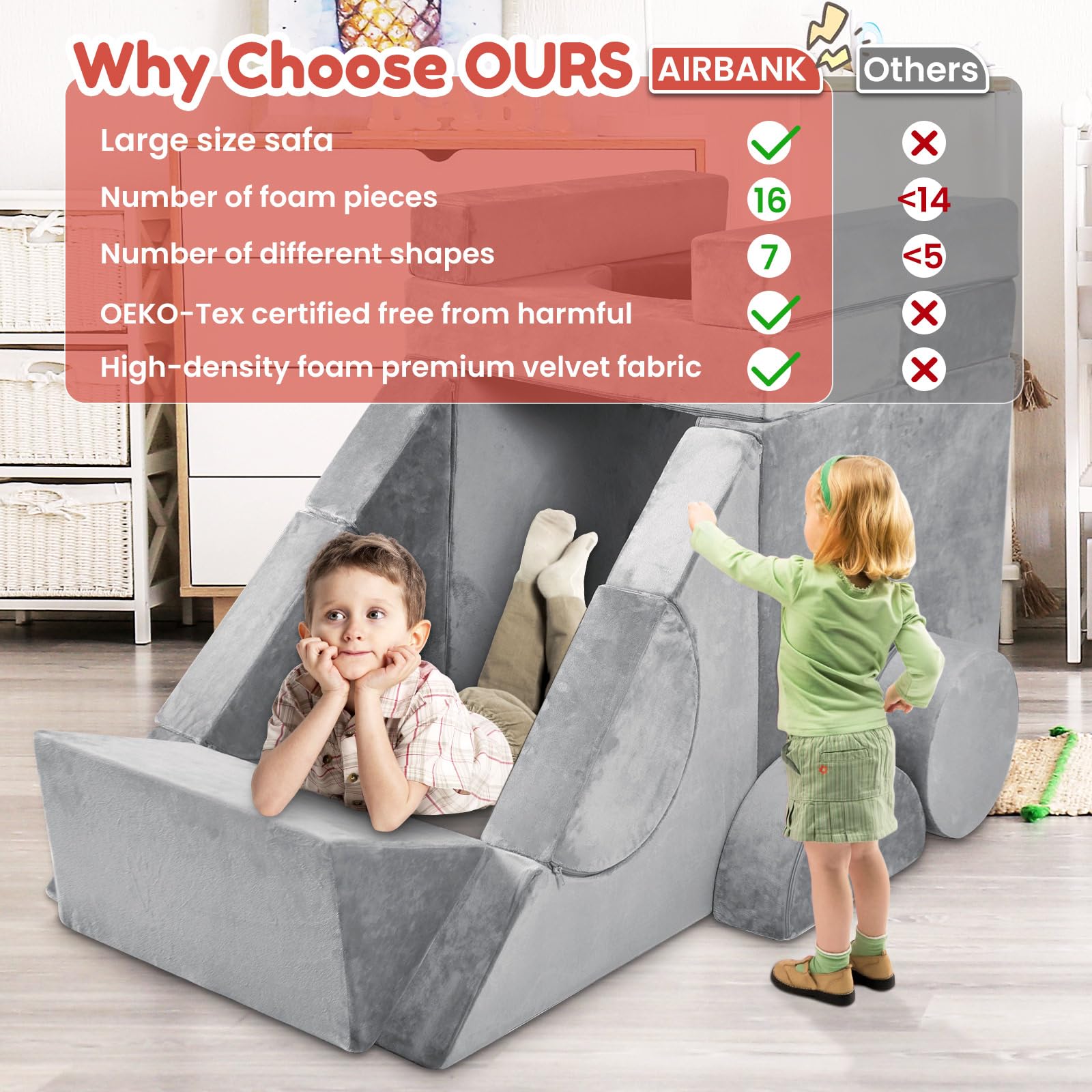 AIRBANK 16PCS Kids Play Couch, Modular Kids Couch Toddler Play Couch Child Sectional Sofa, Convertible Foam Easy to Build Magical Forts in Playroom Indoor Nursery Grey