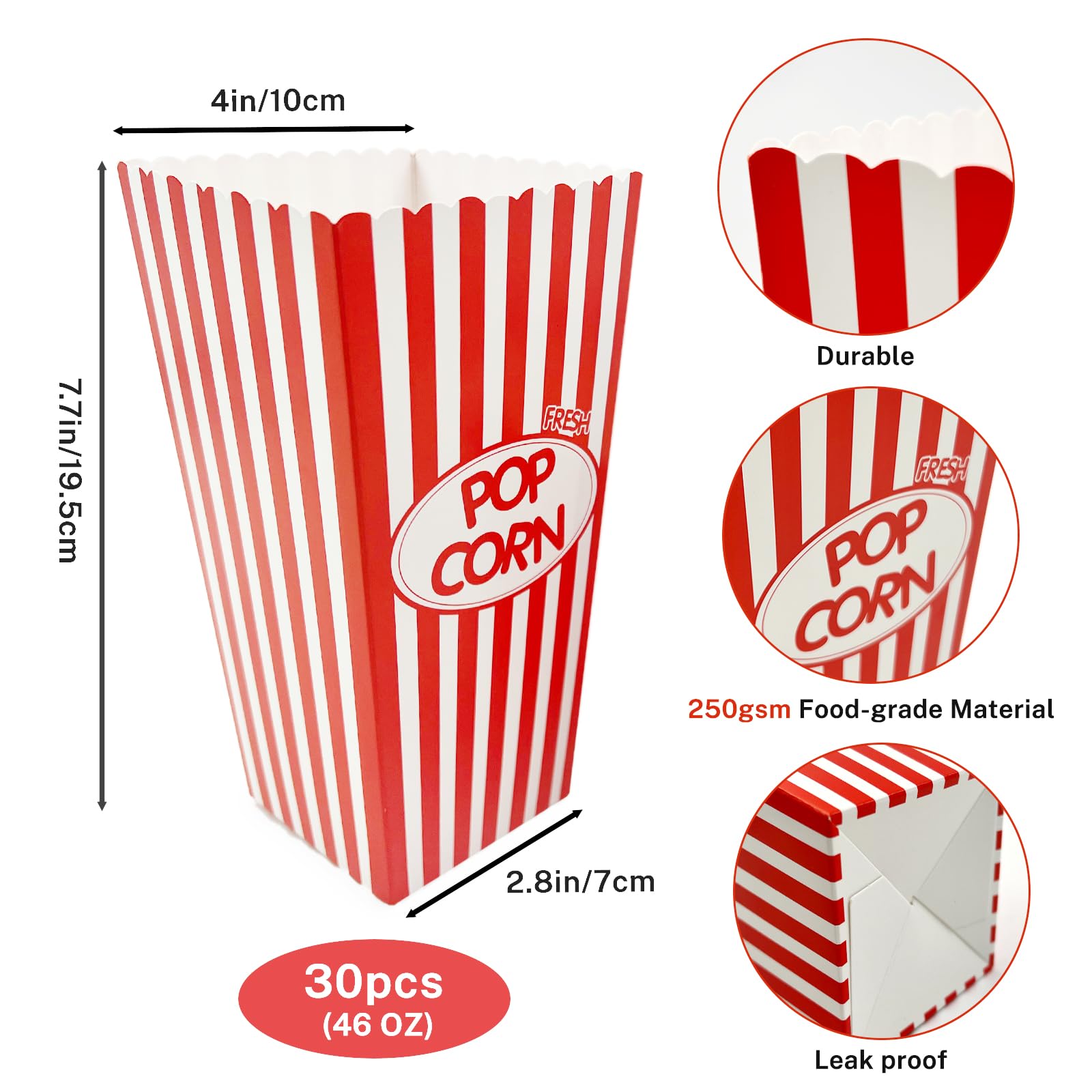 SNAIL GARDEN 30Pcs 46oz Popcorn Boxes, With 20Pcs Movie Snack Decoration Cupcake Toppers, Red/White Food Container,Disposable Durable Paper Boxex For Hollywood Theme Baby Shower Kids Birthday Party