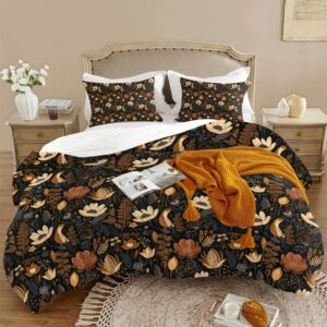 VistaPalette Black Orange Yellow Boho Floral Bed Duvet Cover Set 2 Pcs Pillowcase, 1 Pcs Duvet Cover Linen with Zipper Aesthetic Bedding Ultra Soft Comforter Cover Bedding Sets (No Comforter)